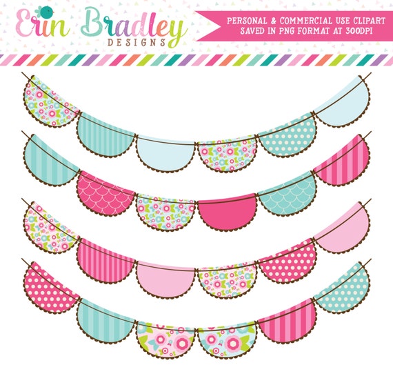 Pink and Blue Flowers Bunting Clipart Commercial Use Digital Clip Art ...