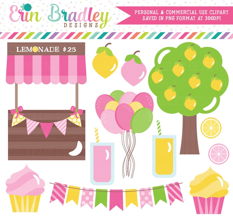 Lemonade Stand Clipart: Pink & Yellow Lemon Graphics (digital Download ...