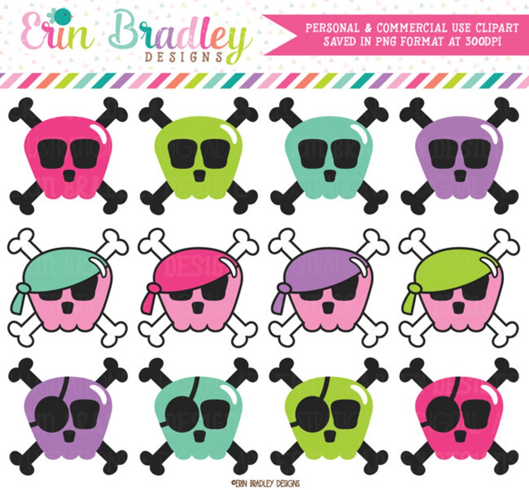Girls Skulls Clipart, Pink Pirate Clipart, Halloween Clip Art Graphics ...
