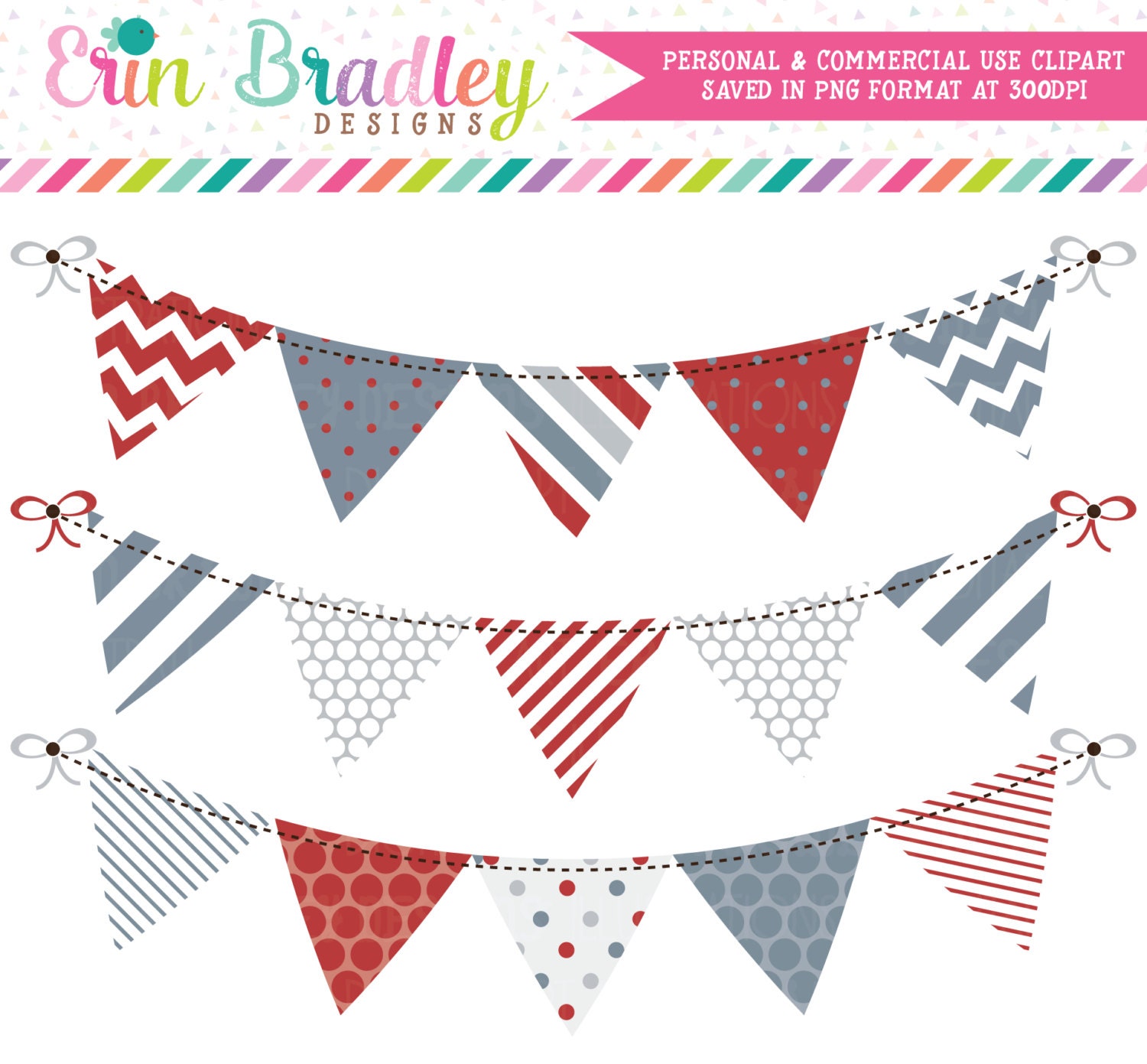 Digital Clipart Graphics Bunting in Red and Blue Banner Flag | Etsy
