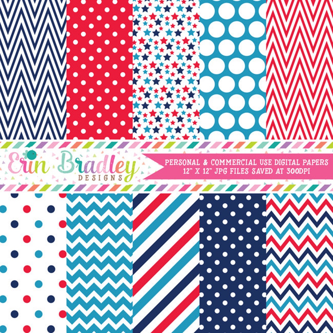 4th of July Digital Paper Set: Red, White & Blue Patterns (digital ...