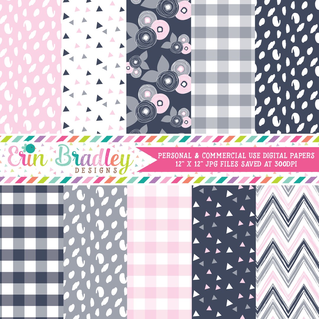 Navy Gray Pink Digital Papers Digital Paper Pack Floral - Etsy