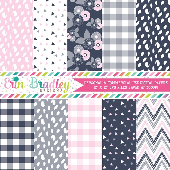 Navy Gray Pink Digital Papers, Digital Paper Pack, Floral Digital ...