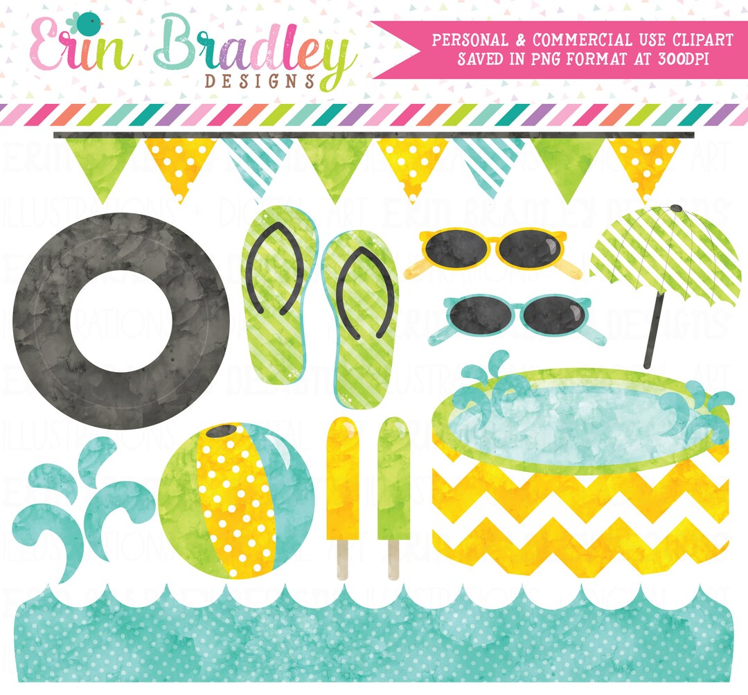 Watercolor Pool Party Clipart, Watercolor Summer Clipart, Beach Clipart ...
