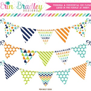 Clipart Bunting Flags in Navy Blue Orange & Green Commercial Use Banner ...