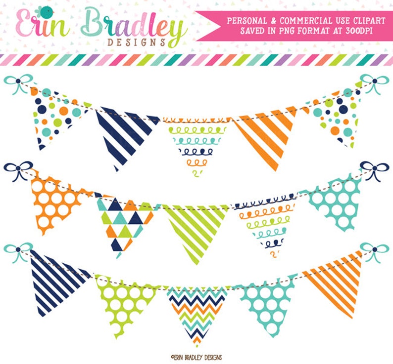 Clipart Bunting Flags in Navy Blue Orange & Green Commercial - Etsy