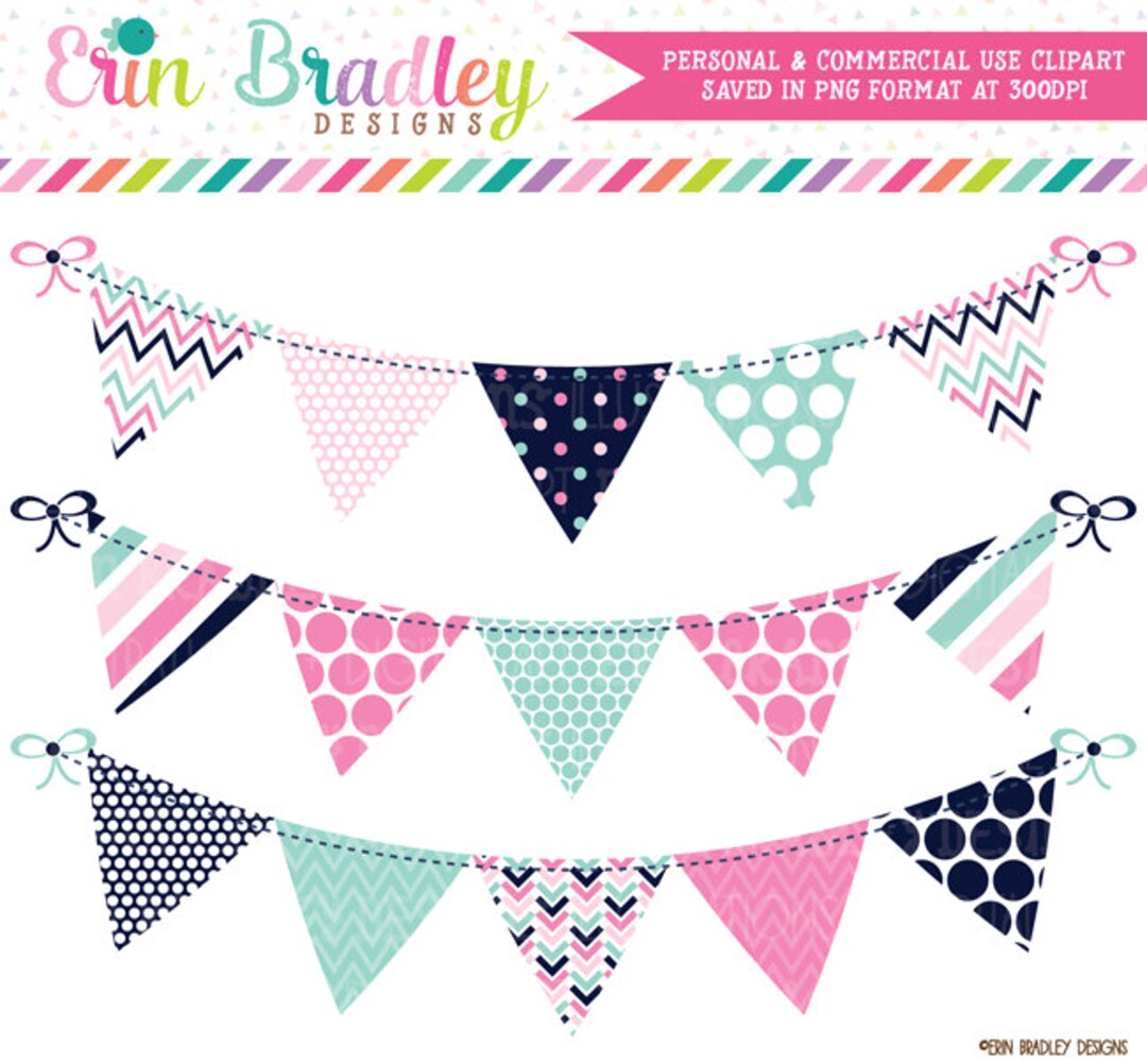 Digital Bunting Clipart Graphics Preppy Pink Aqua & Navy Blue Polka ...