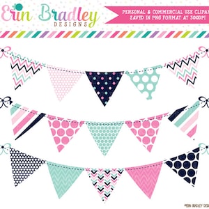 Digital Bunting Clipart Graphics Preppy Pink Aqua & Navy Blue Polka ...