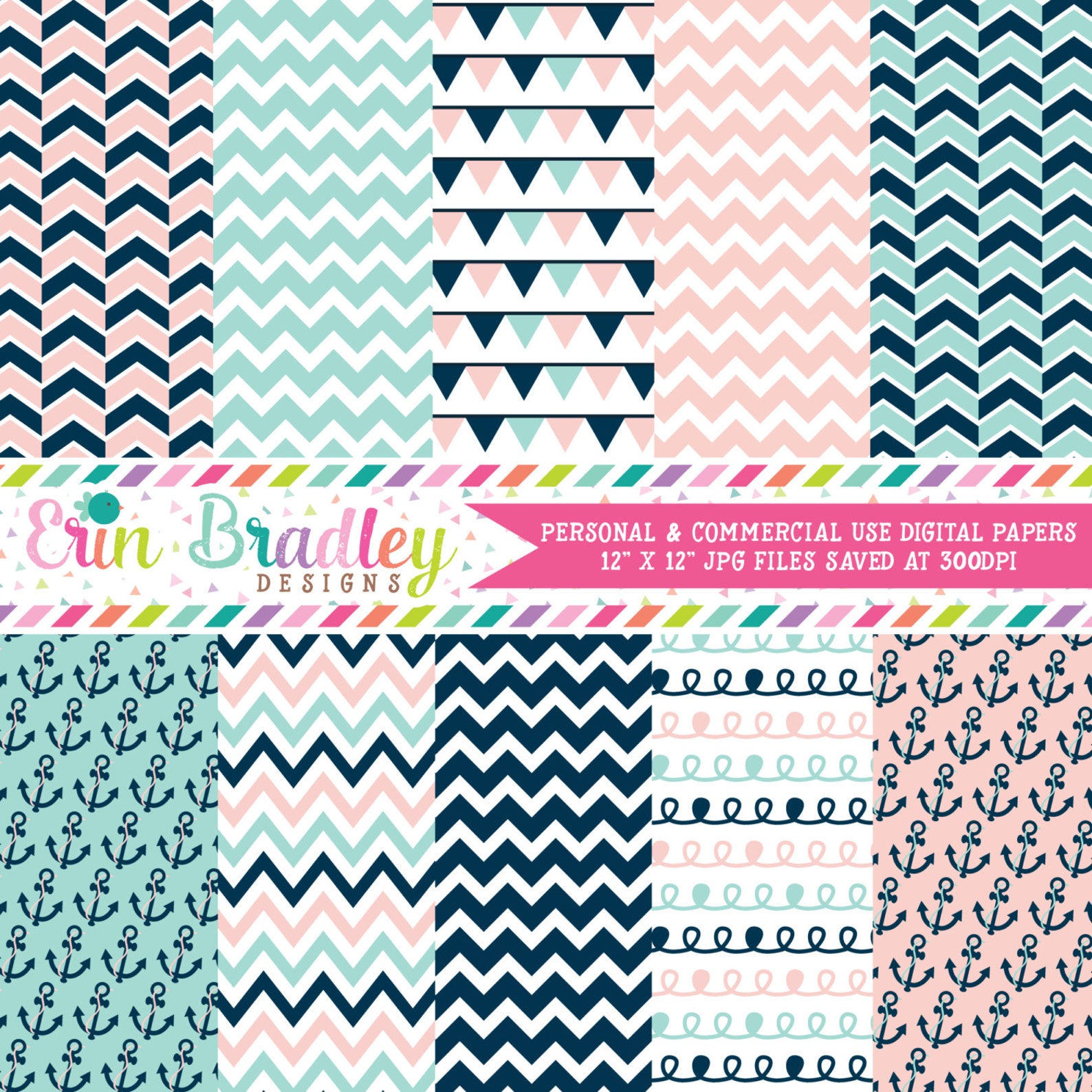 Nautical Digital Paper Pack in Pink & Blue With Anchors - Etsy