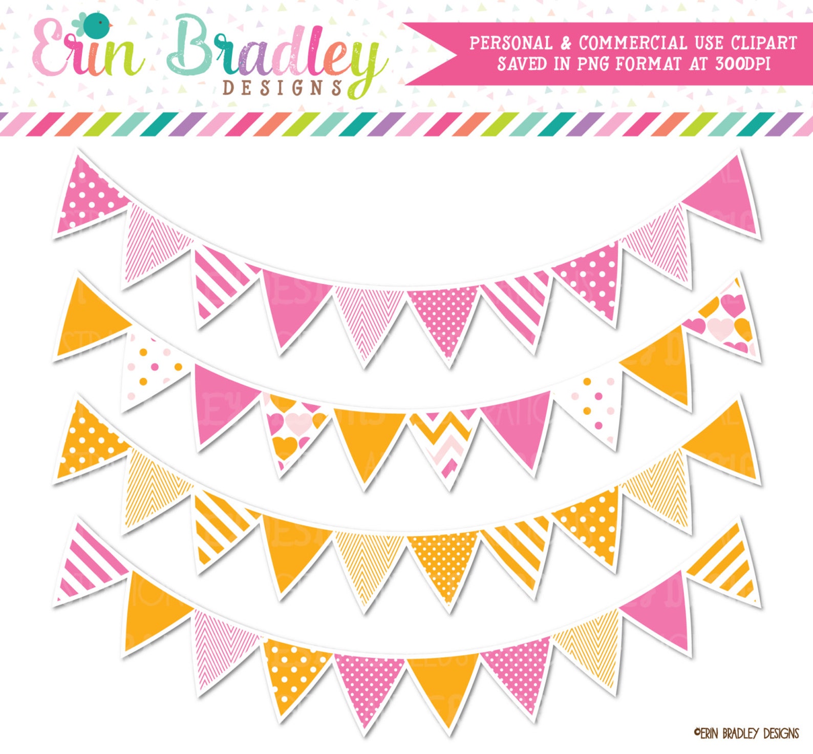 Pink & Orange Bunting Clip Art Graphics Digital Clipart Banners Polka ...