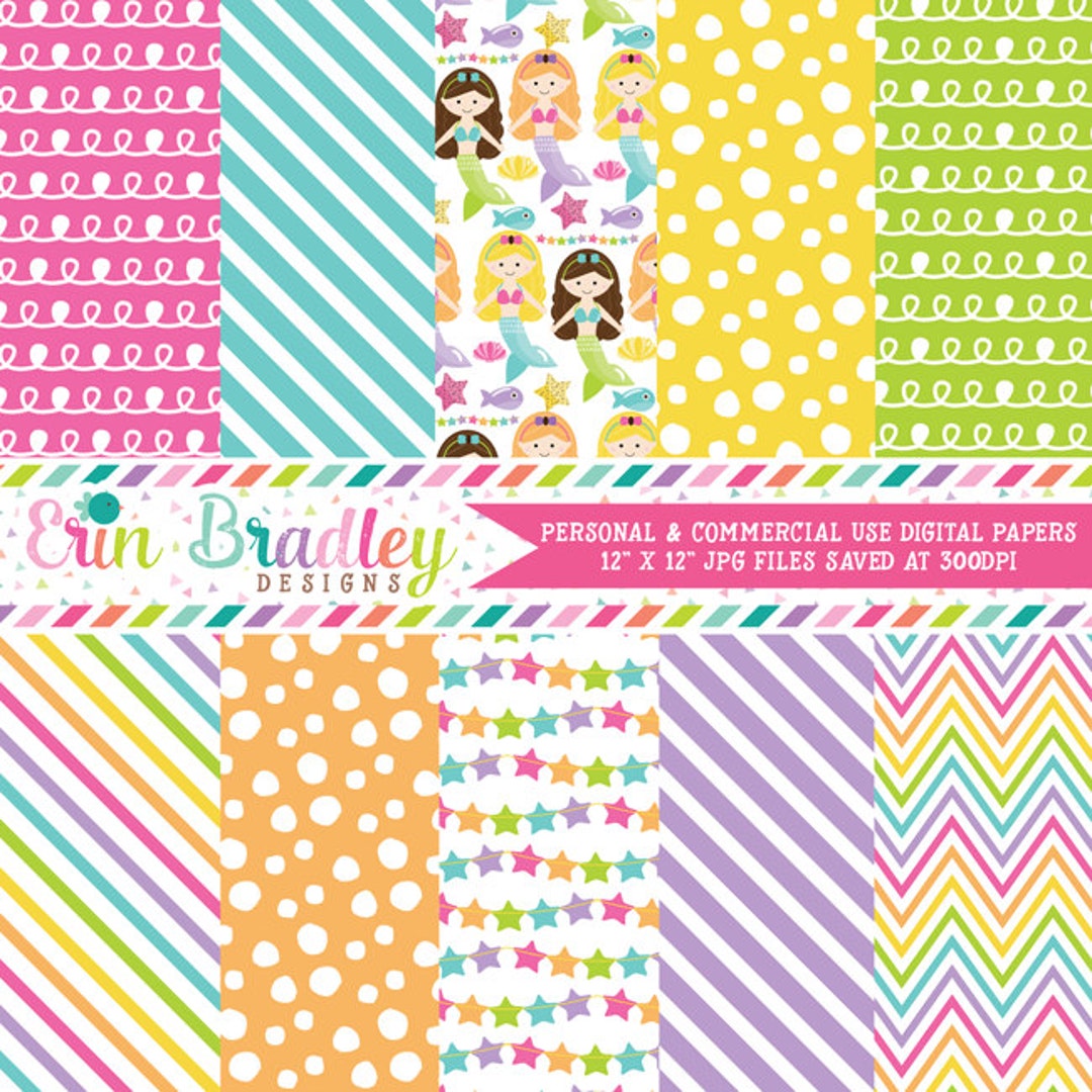 Mermaids Digital Paper Pack, Mermaid Digital Scrapbook Paper, Doodles ...