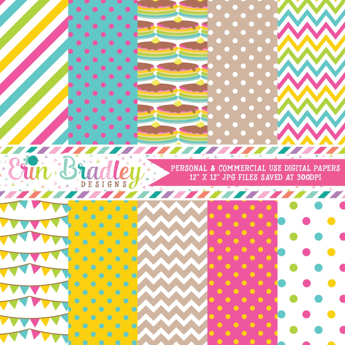 Rainbow Pancake Party Digital Paper Set Polka Dots Stripes - Etsy