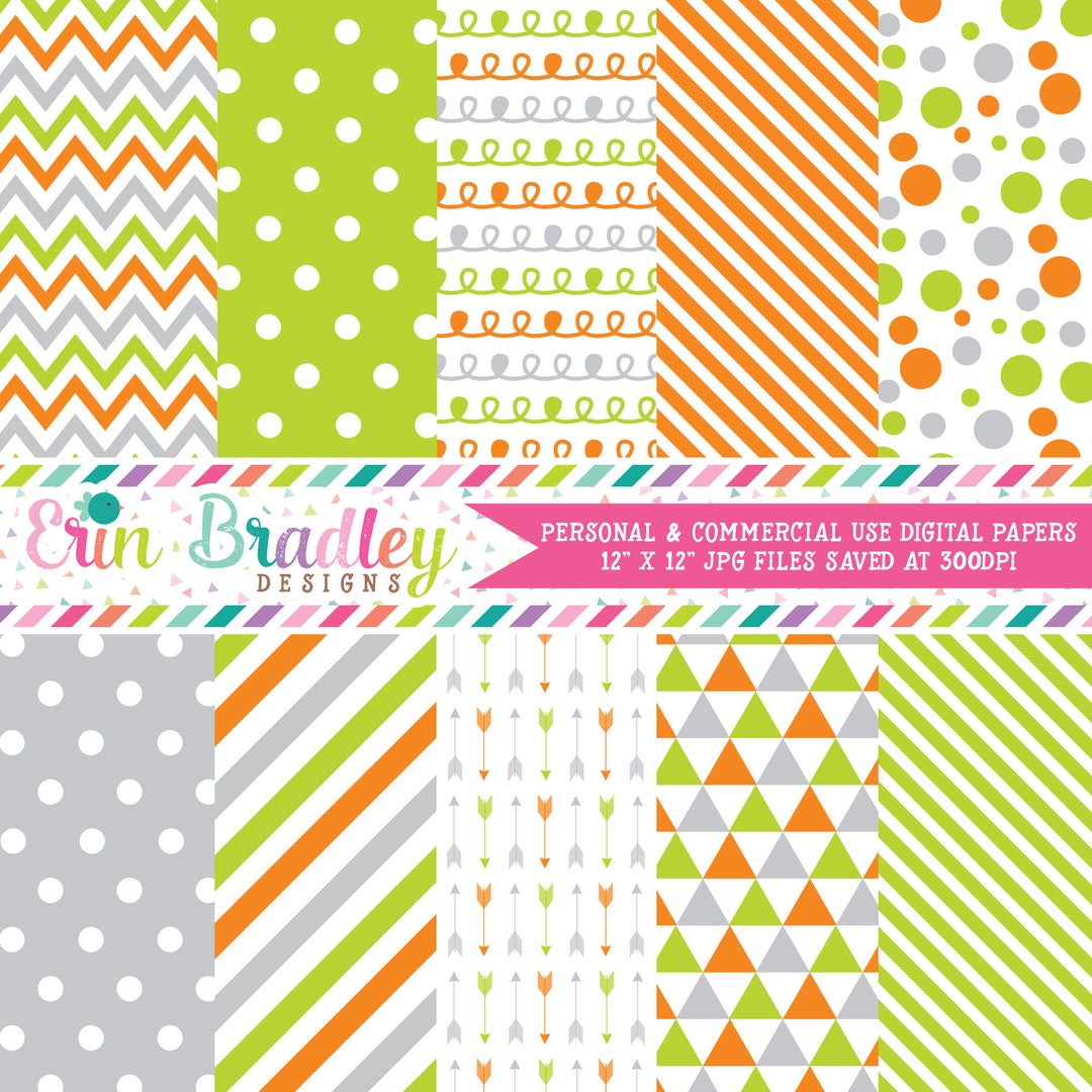 Digital Paper Pack in Orange Gray and Green Commercial Use Digital ...