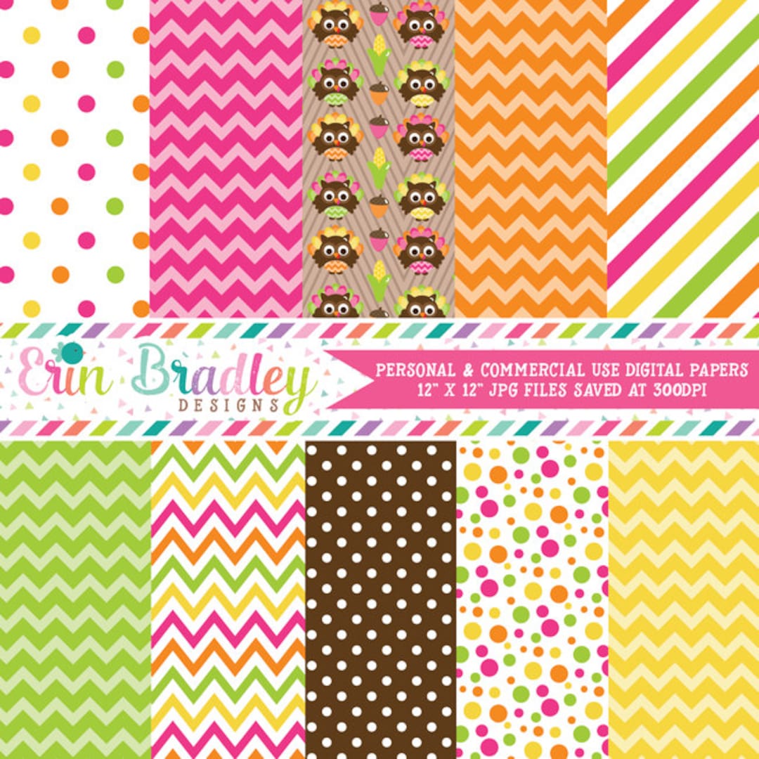Thanksgiving Owls Digital Paper Pack in Pink Orange Yellow Green Brown ...