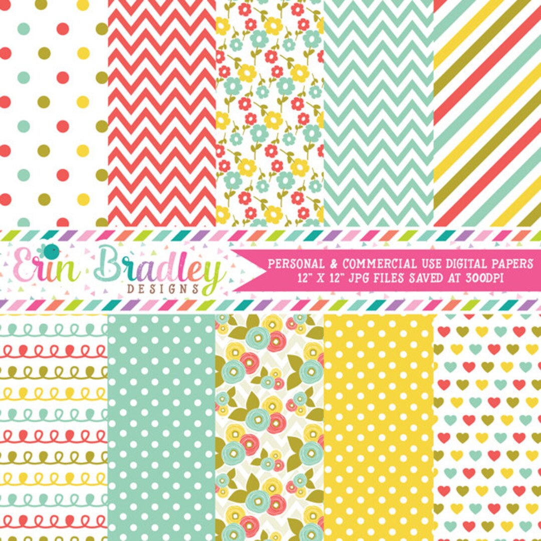 Fall Flowers Digital Paper Pack Set Polka Dots Chevron Doodle Loops and ...
