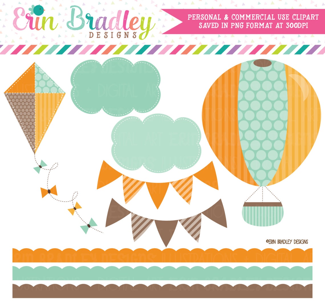Kite Hot Air Balloon Clipart Graphics Boys Aqua Blue Orange - Etsy