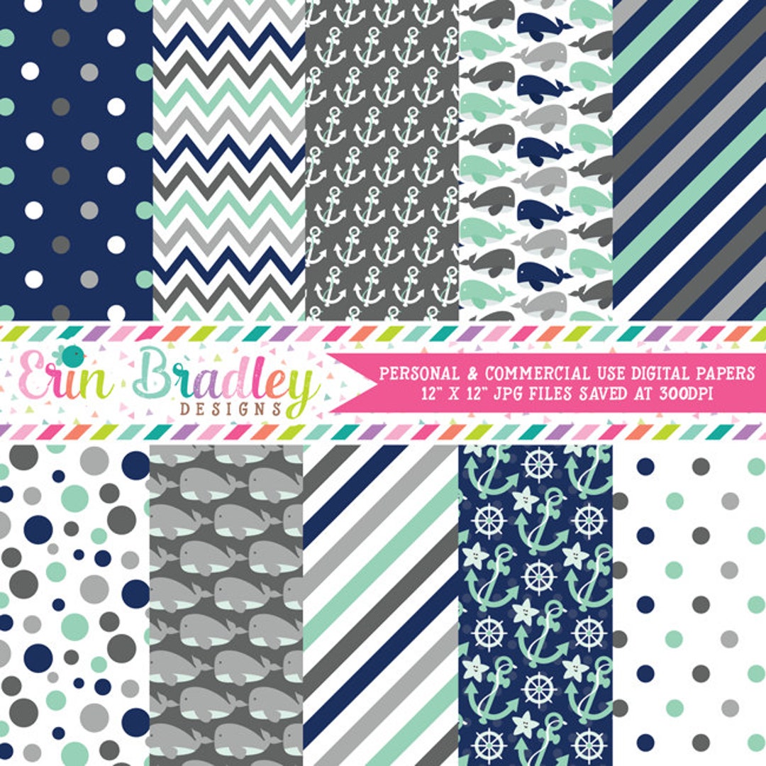 Nautical Digital Paper Pack: Anchors, Whales, Stripes (digital Download ...