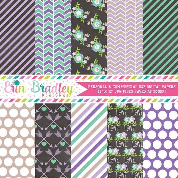 Purple & Blue Digital Paper Pack Herringbone Striped Polka | Etsy