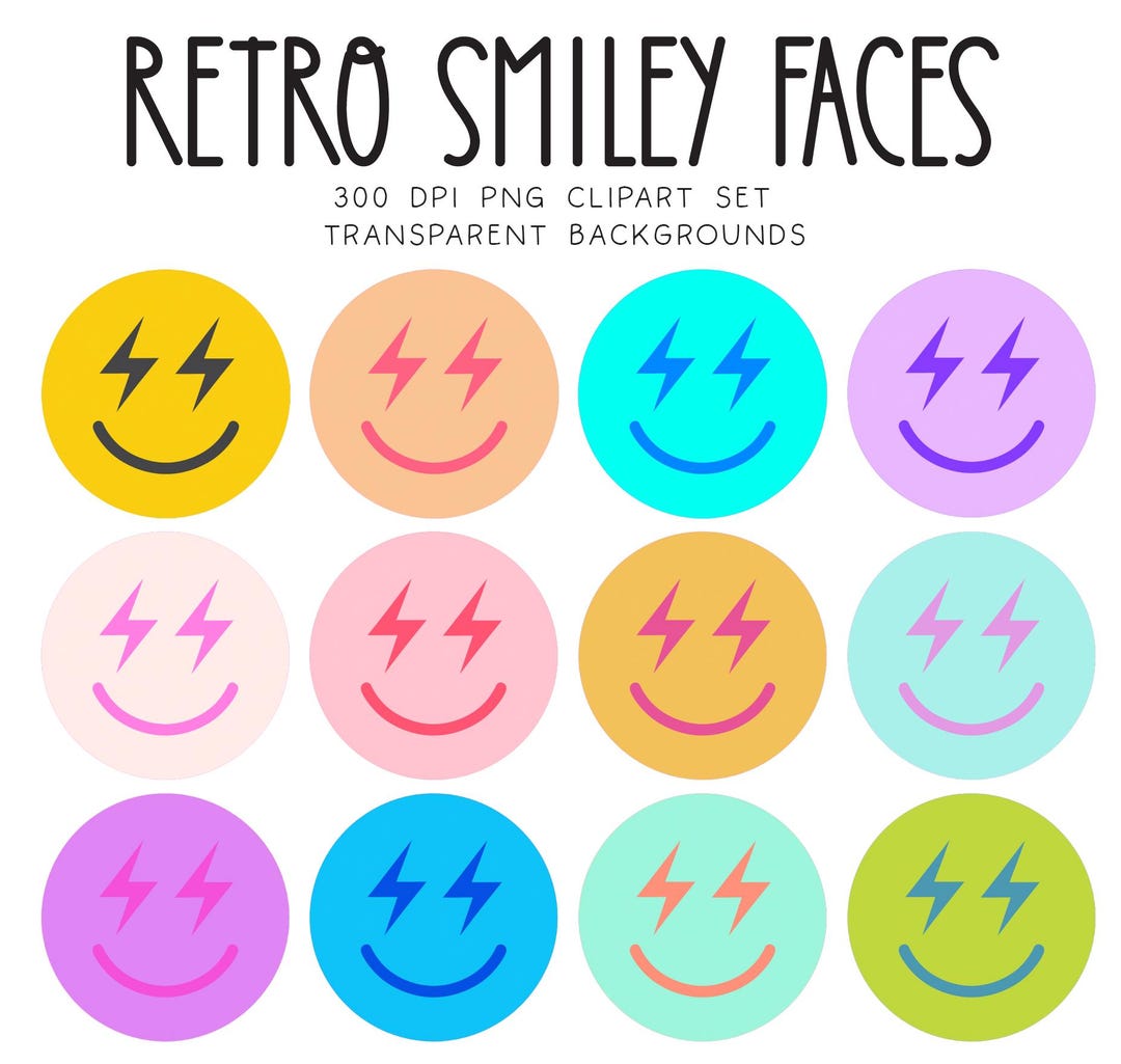 Retro Smiley Faces Clipart, Preppy Smiley Face With Lightning Bolts ...