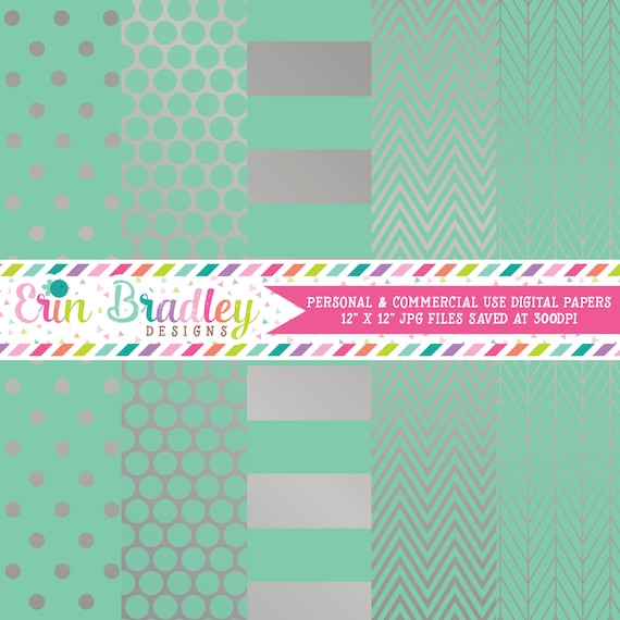 Silver Foil & Aqua Blue Digital Paper Pack Commercial Use Digital ...