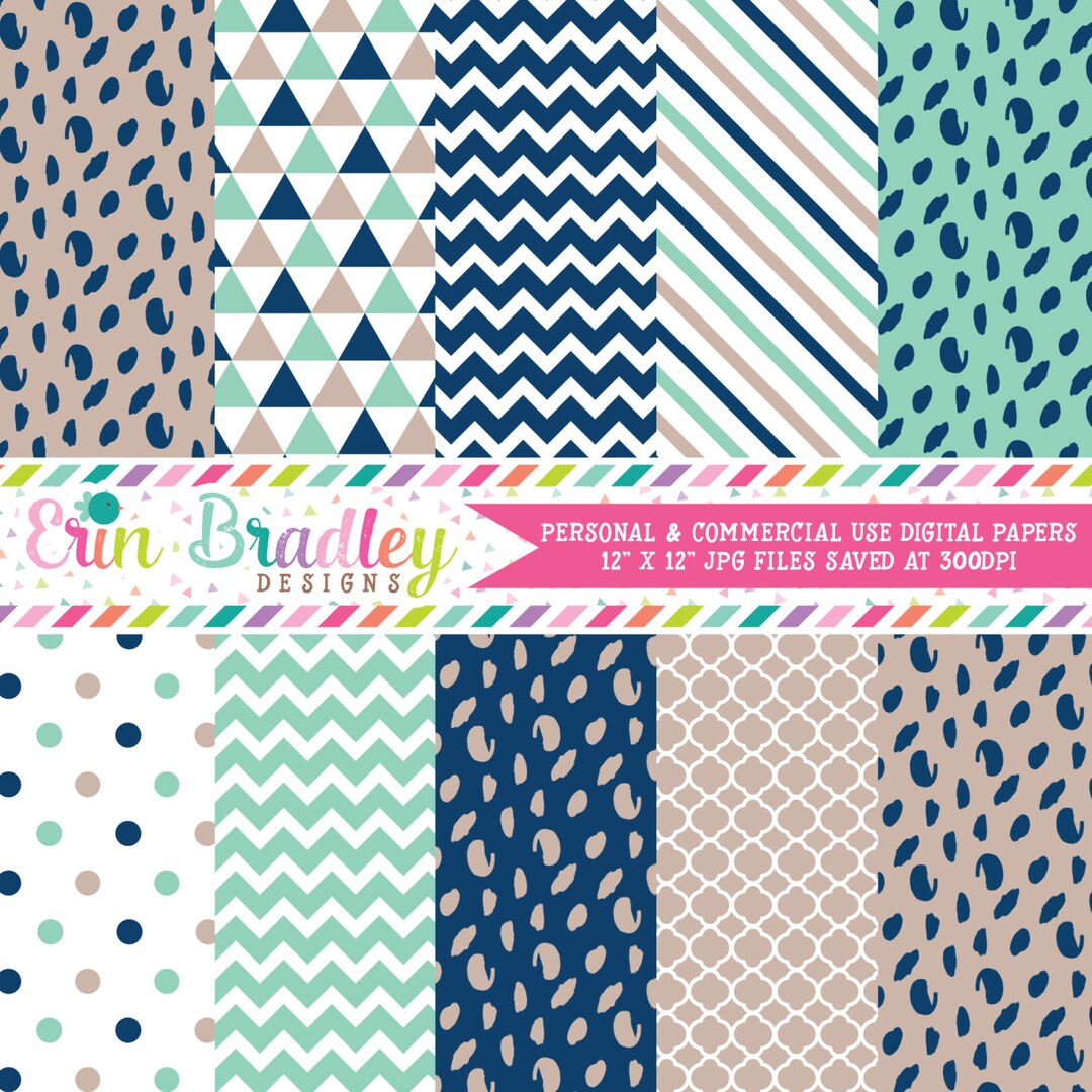 Blue and Beige Digital Paper Pack Spotty Dots Stripes & Triangle ...