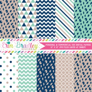 Blue and Beige Digital Paper Pack Spotty Dots Stripes & Triangle ...