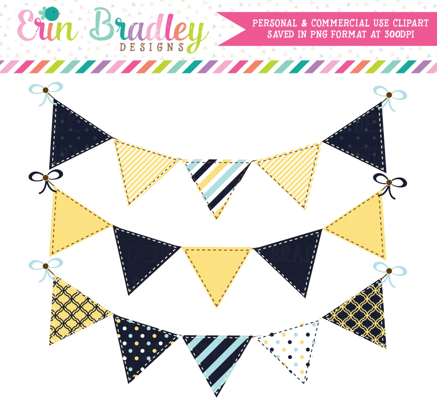 Navy Blue and Yellow Bunting Clipart Banner Flag Clip Art - Etsy