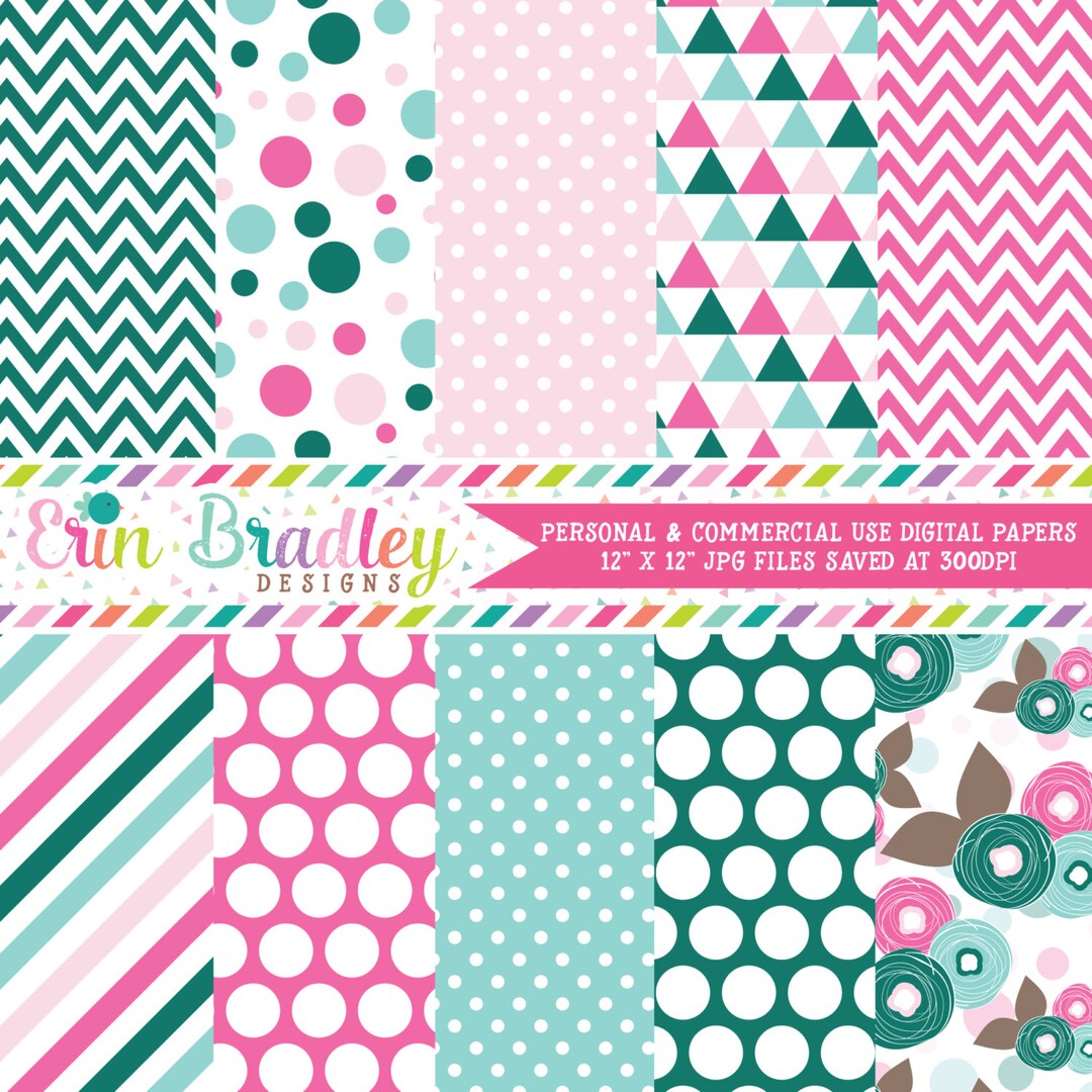 Pink, Blue & Green Digital Paper: Polka Dots, Stripes (commercial Use ...