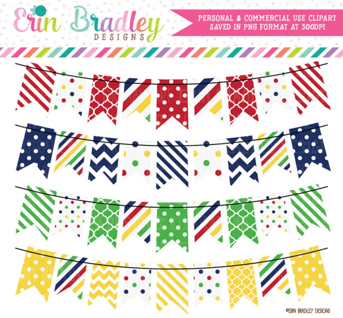 Bunting Clipart Red Blue Green & Yellow Polka Dots and Stripes | Etsy