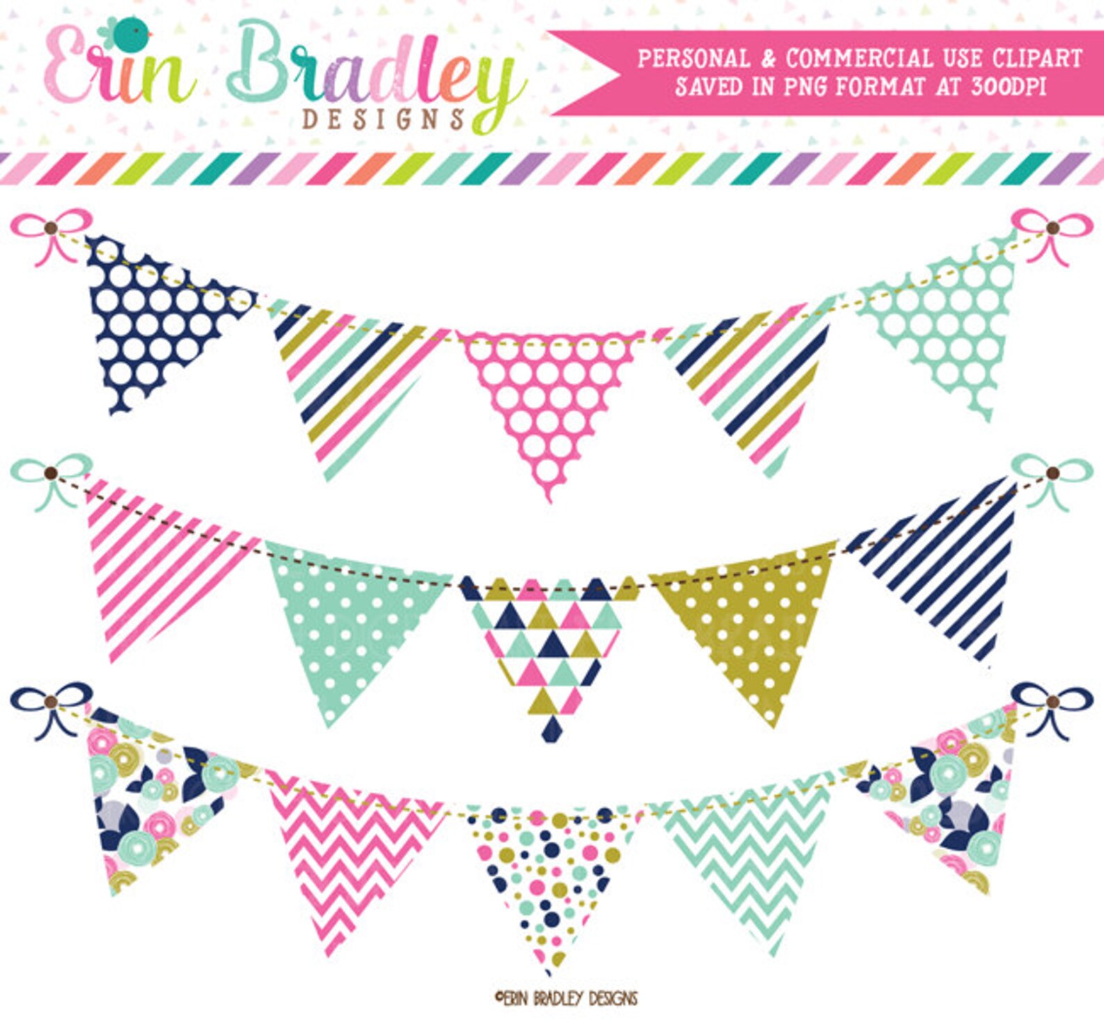 Pink Blue and Gold Bunting Clipart Set Personal & Commerical - Etsy