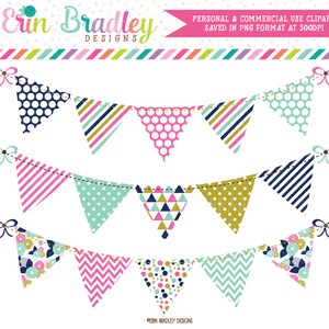 Pink Blue and Gold Bunting Clipart Set Personal & Commerical Use ...