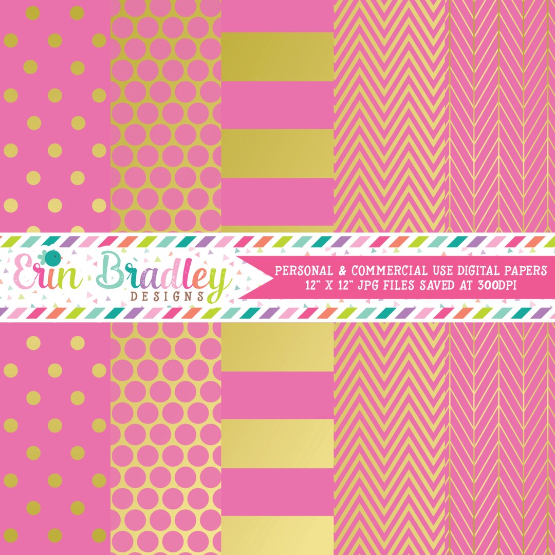 Gold Foil & Pink Digital Paper Pack Commercial Use Digital Scrapbook ...