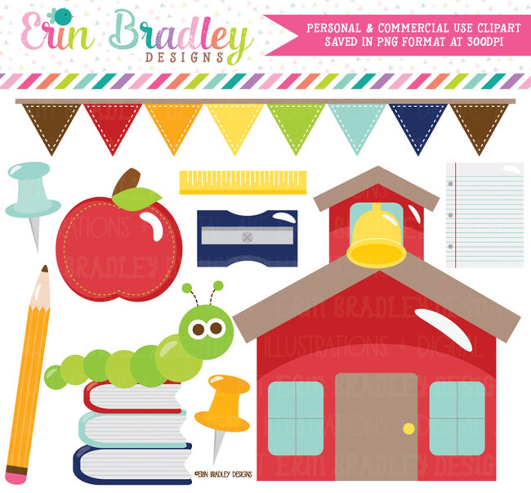School Clipart Digital Graphics Set Bookworm Schoolhouse Apple Bunting ...