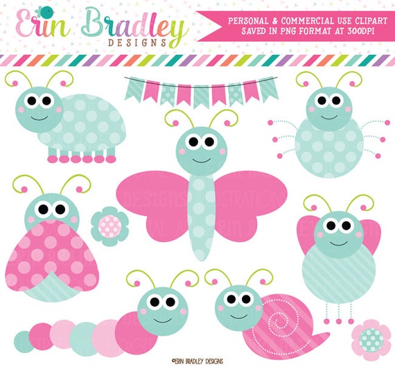 Girls Butterfly & Bugs Clipart Animal Graphics with Bunting and Flowers ...