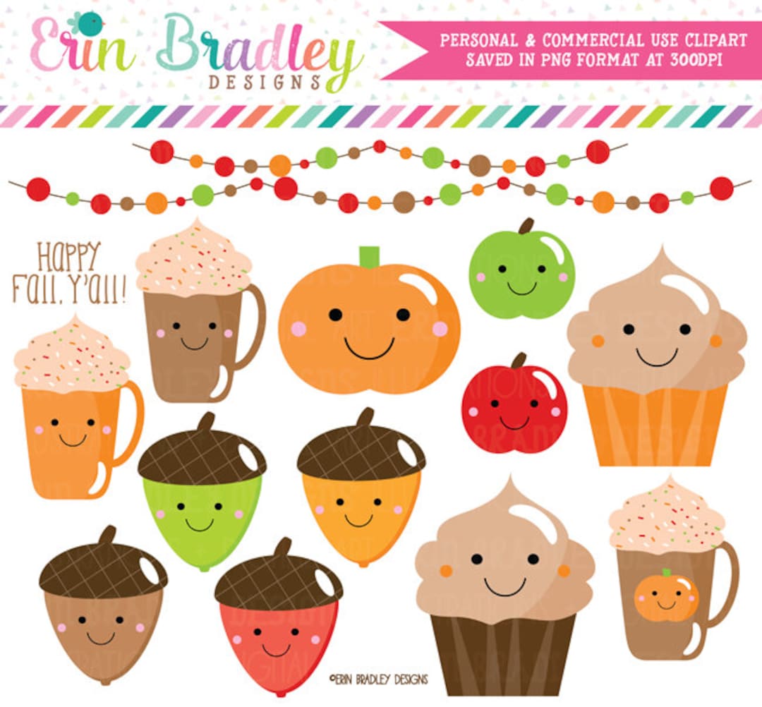 Happy Fall Clipart Pumpkin Coffee Acorns Cupcakes Apples & Bunting Clip ...
