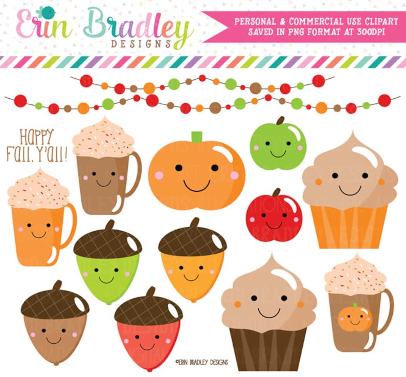 Happy Fall Clipart Pumpkin Coffee Acorns Cupcakes Apples & - Etsy