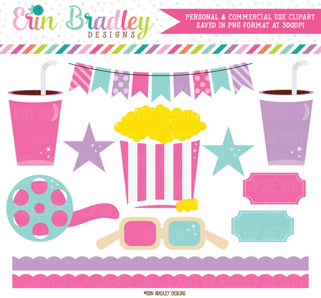 Girls Movie Theater Clipart Digital Popcorn Food Beverage Drinks Stars ...