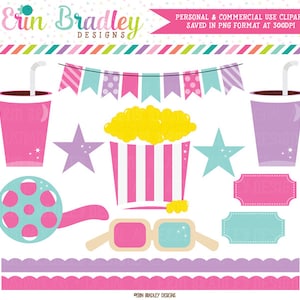 Girls Movie Theater Clipart Digital Popcorn Food Beverage Drinks Stars ...