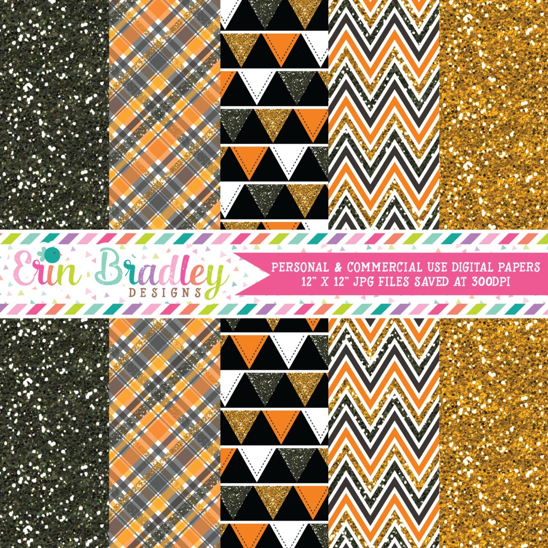 Halloween Glitter Digital Paper Pack in Black and Orange Chevron ...