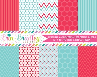 Blue and Red Digital Paper, Stripes, Chevron, Polka Dots, Commercial ...