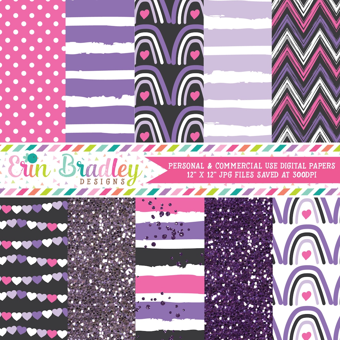 Purple Pink Hearts Digital Papers, Purple Glitter Digital Papers ...