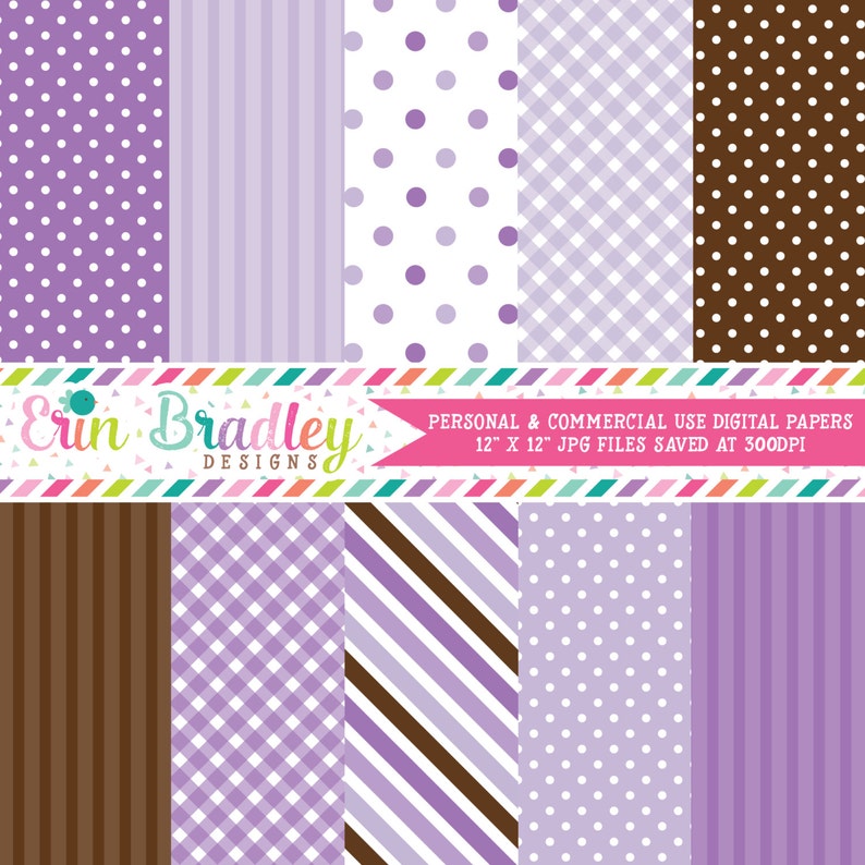 Printable Paper Pack Purple & Brown Polka Dots Gingham Striped - Etsy