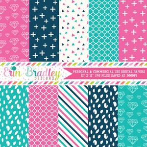 Digital Paper Pack in Pink Navy and Blue Diamond Cross Triangle Spotty ...