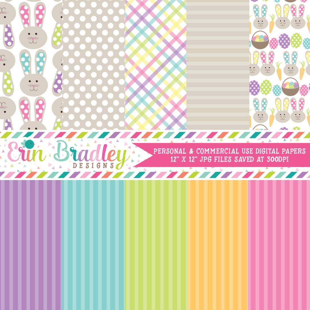 Easter Digital Paper Pack Bunnies Eggs and Stripes Commercial Use ...