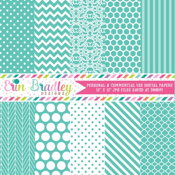 Aqua Blue Digital Paper Pack Polka Dots Damask Chevron and Striped ...