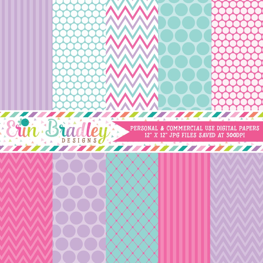 Pink Purple & Blue Digital Paper Set Polka Dots Stripes Chevron Stripes ...