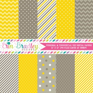 Digital Scrapbook Paper Yellow and Grey Brown Polka Dots and Stripes ...
