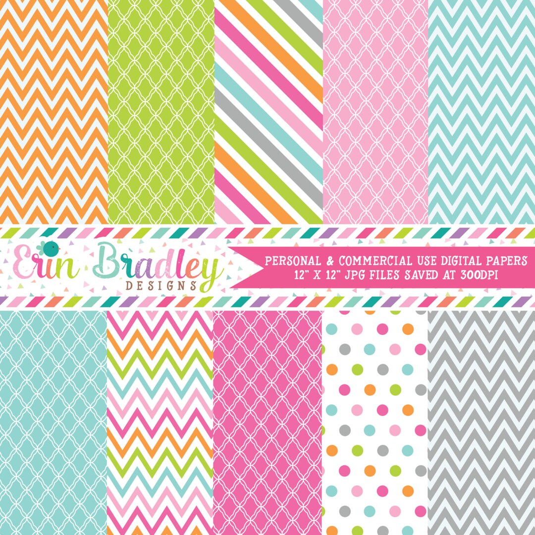 Crochet Fun Digital Papers Polka Dots Chevron Stripes Pink Green Orange ...