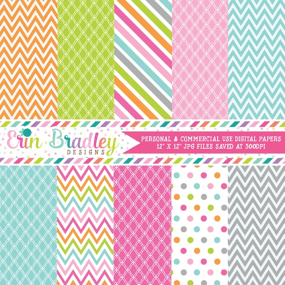 Crochet Fun Digital Papers Polka Dots Chevron Stripes Pink Green Orange ...