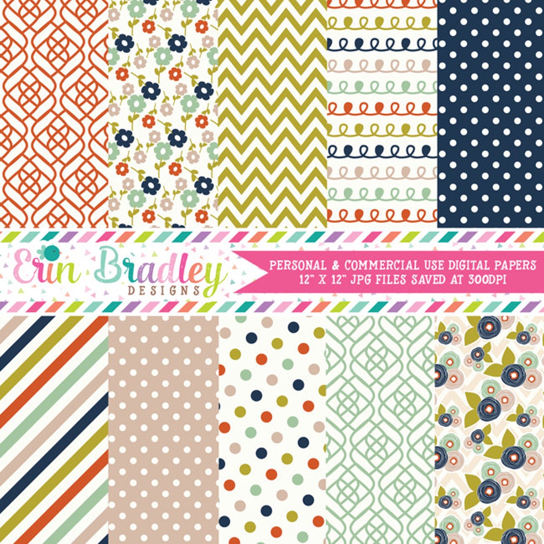 Colorful Fall Digital Paper Set Floral Polka Dotted Striped & Chevron ...